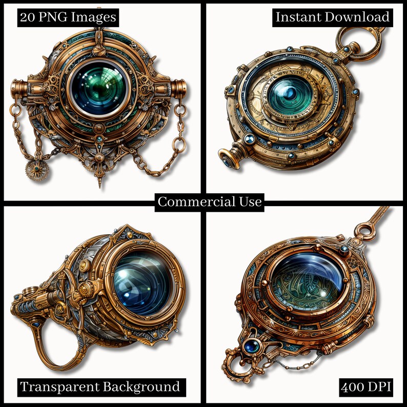Steampunk Monocle Clipart Bundle, PNG Clipart, Mechanical Eyewear Art ...