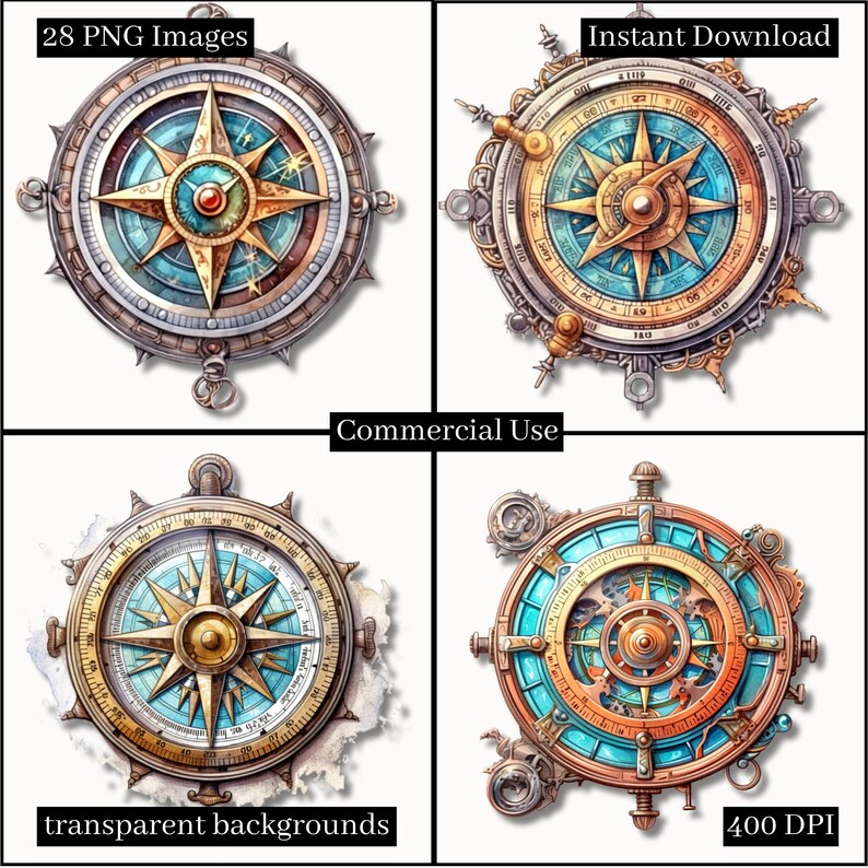 Steampunk Compass Clipart Bundle High-resolution PNG Files, Instant ...