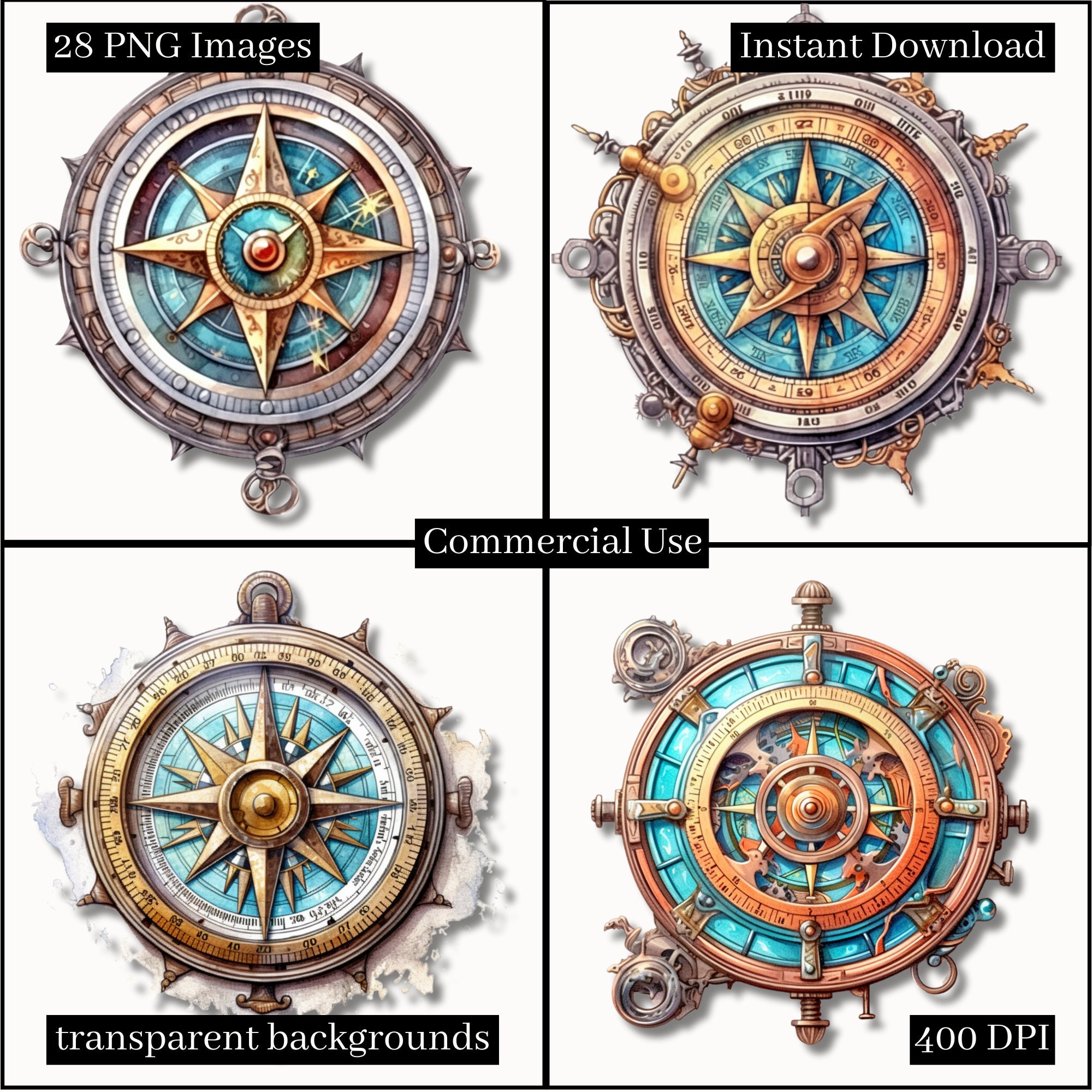 Steampunk Compass Clipart Bundle High-resolution PNG Files, Instant ...