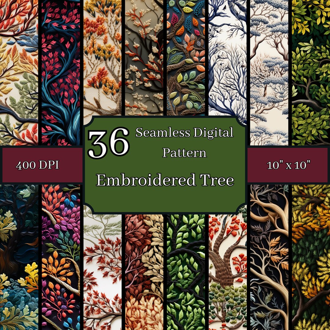 Embroidered Inspired Tree Seamless Patterns Bundle, High-resolution 400 ...