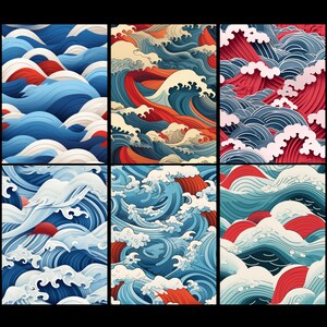 Japanese Waves Papercraft Inspired Seamless Patterns Bundle, High ...