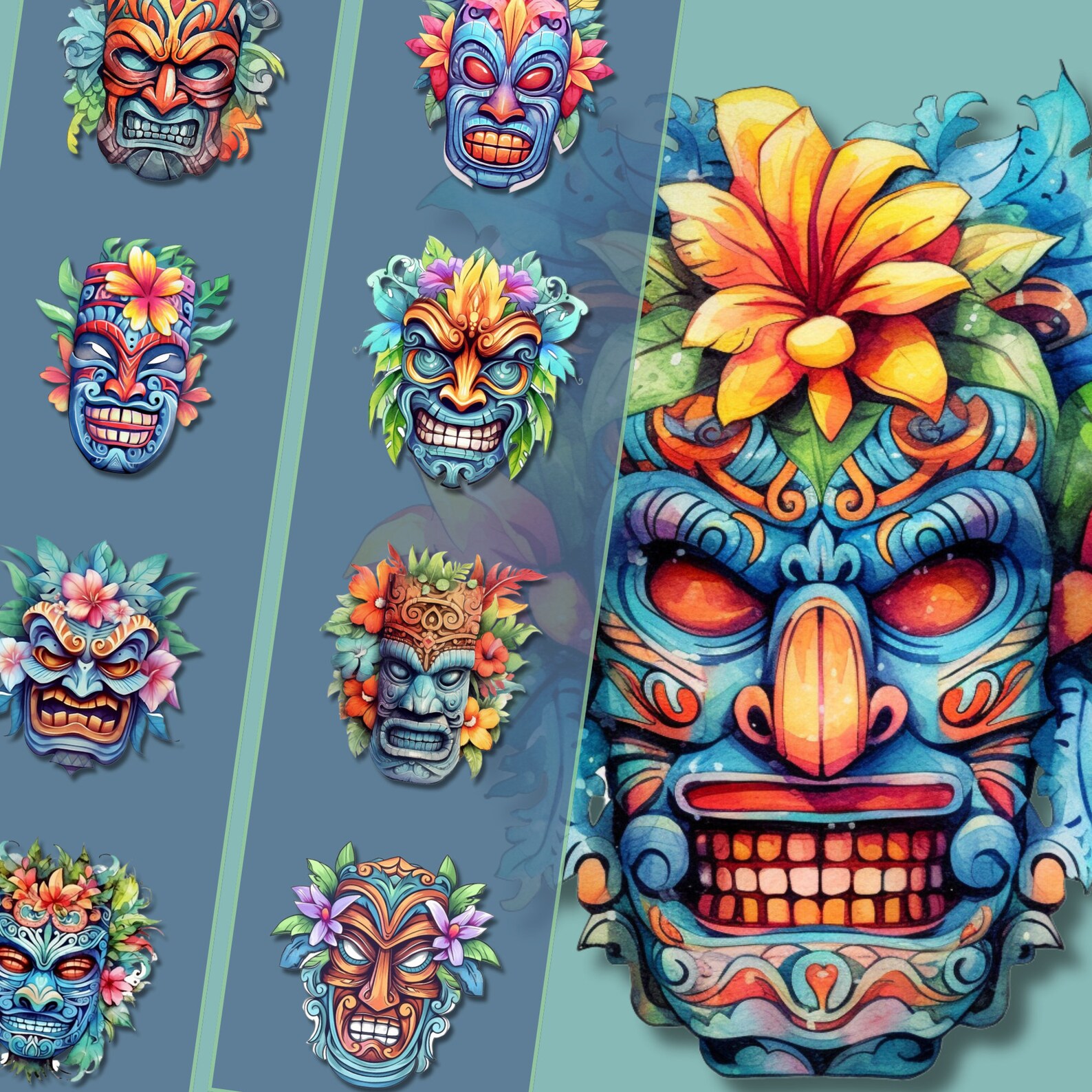 Tiki Mask Clipart Set PNG Tiki Mask Clipart Instant Download - Etsy