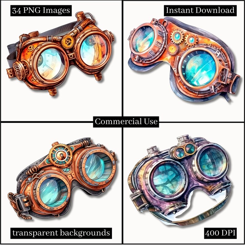 Steampunk Goggle Clipart Bundle High-resolution PNG Files - Etsy
