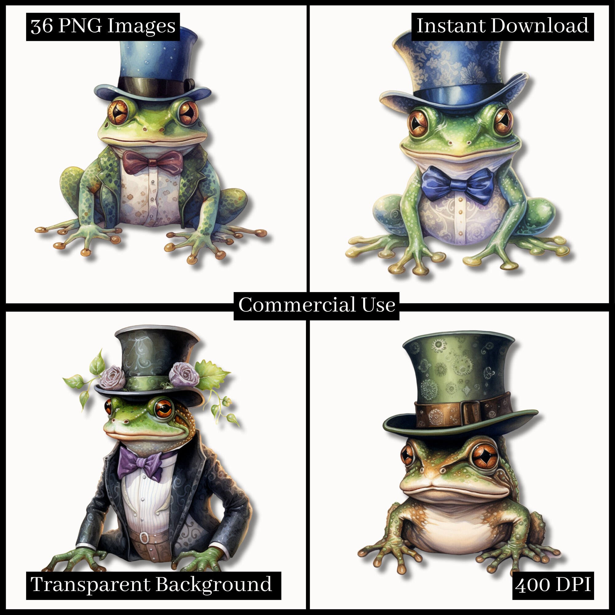 Top Hat Frog Clipart Bundle, PNG Format, Artistic Creations, Junk ...
