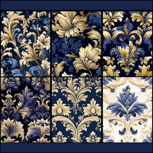 Royal Blue and Gold Damask Seamless Patterns Bundle, High-resolution ...