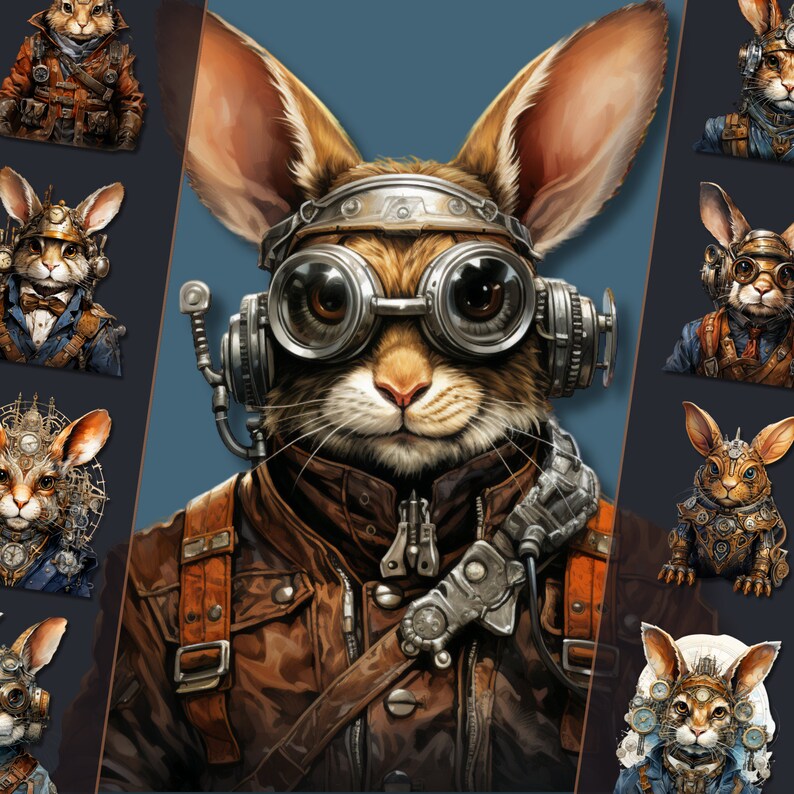 Steampunk Rabbit Clipart Bundle PNG Clipart Mechanical Bunny - Etsy