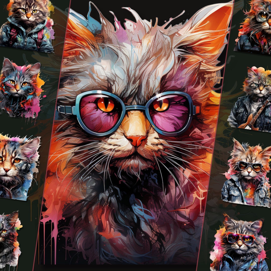 Punk Rock Cat Clipart Bundle, PNG, Ideal for Digital Art, Junk Journal ...