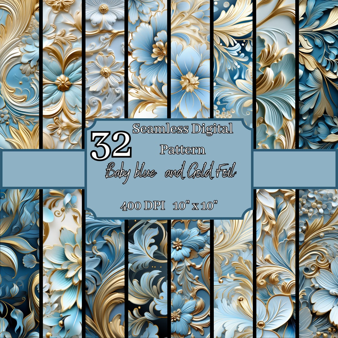 Baby Blue and Gold Foil Seamless Patterns Bundle, Elegant 400 DPI ...