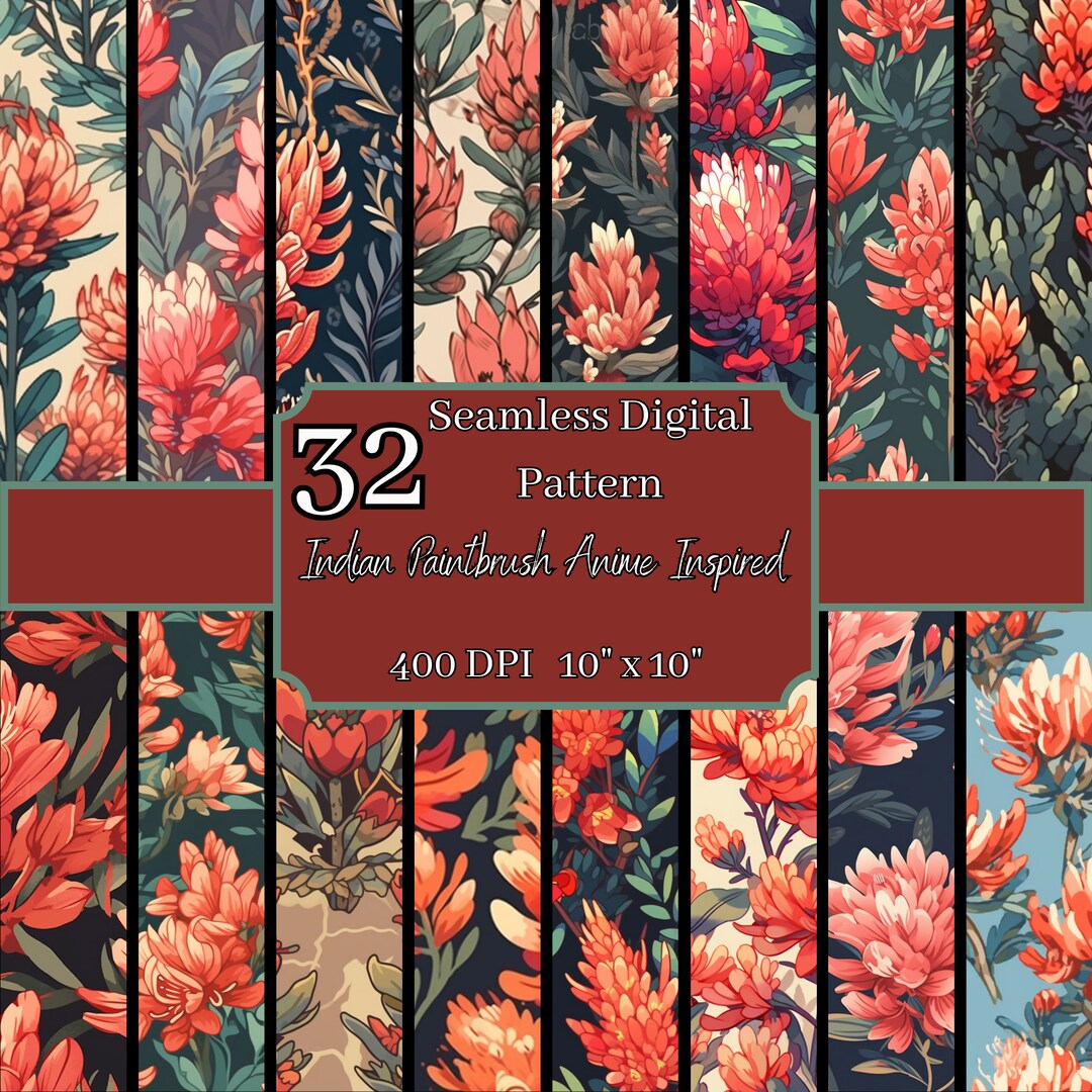 Indian Paintbrush Anime-inspired Seamless Patterns Bundle, 400 DPI ...