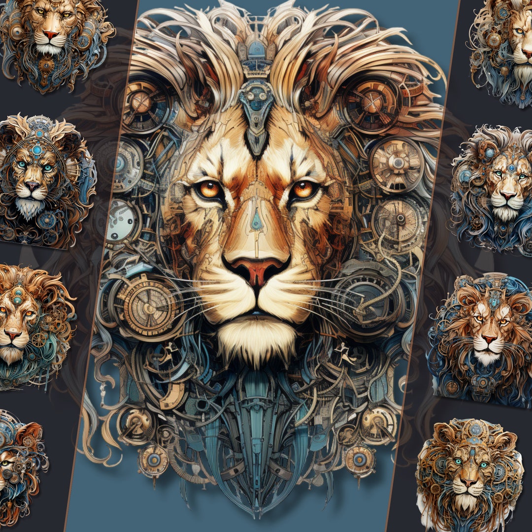 Steampunk Lion Clipart Bundle, PNG Clipart, Mechanical Roaring Designs ...