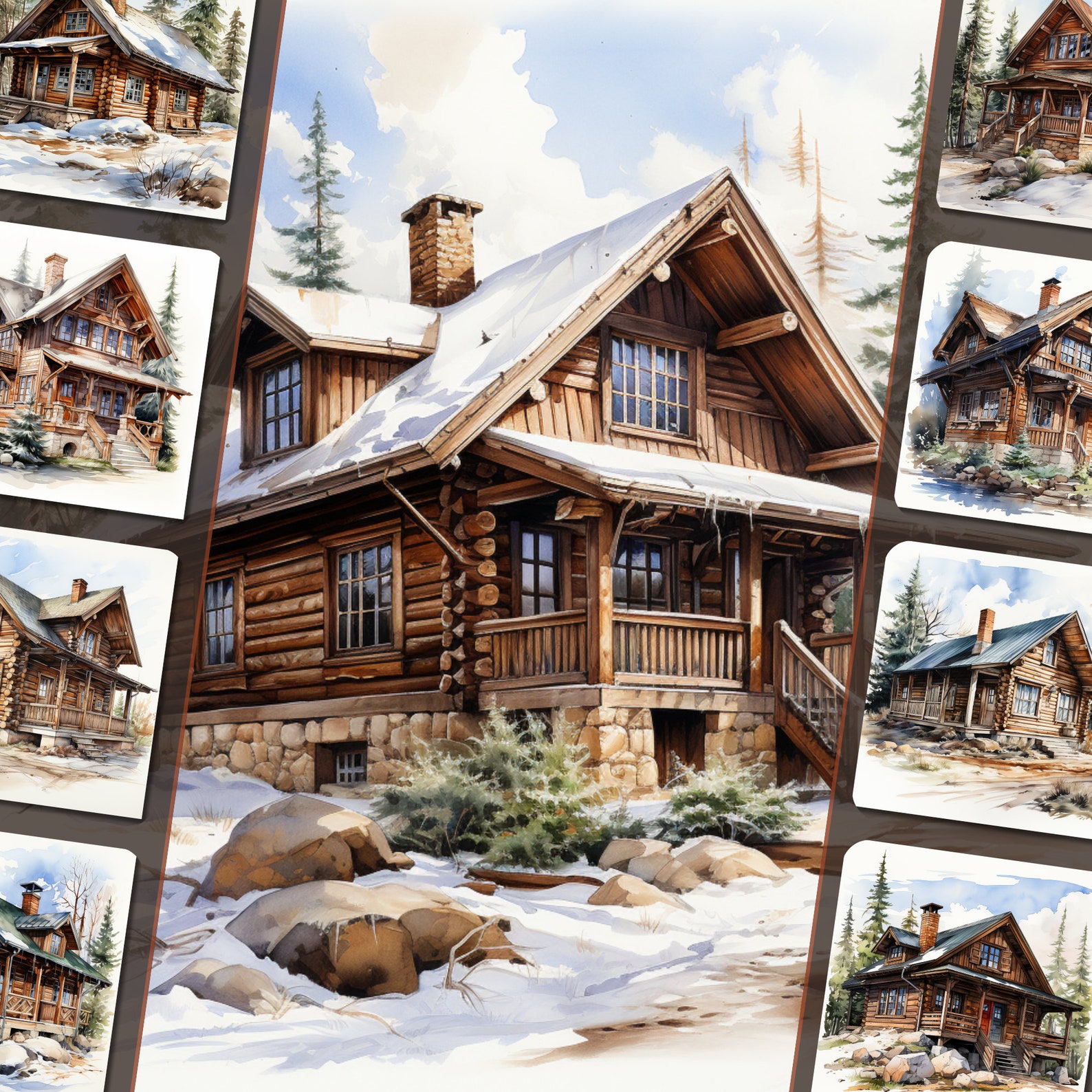 Snowy Log Cabin Clipart Bundle, PNG Files, White Background, Personal ...
