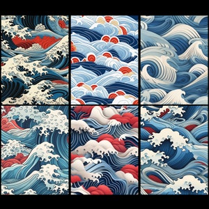 Japanese Waves Papercraft Inspired Seamless Patterns Bundle, High ...