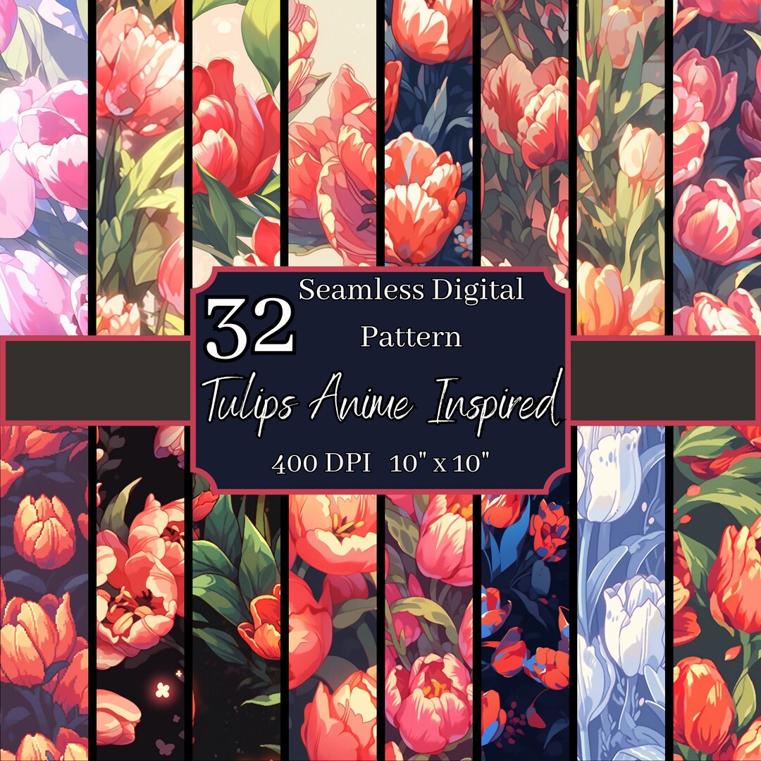 Tulips Anime Inspired Seamless Patterns Bundle, High-resolution 400 DPI ...
