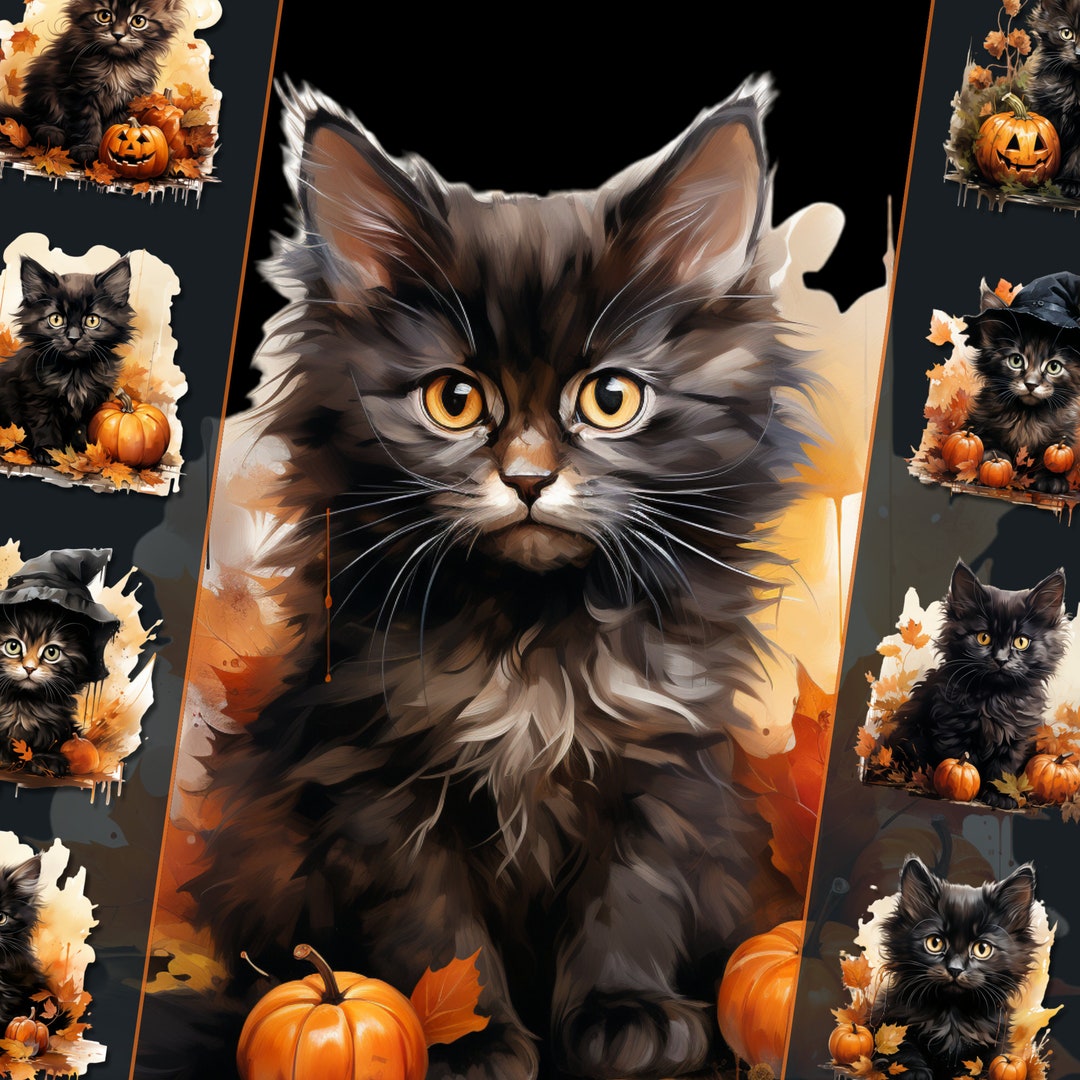 Halloween Kitten Clipart Bundle,, Spooky Cat PNG Clipart Illustrations ...