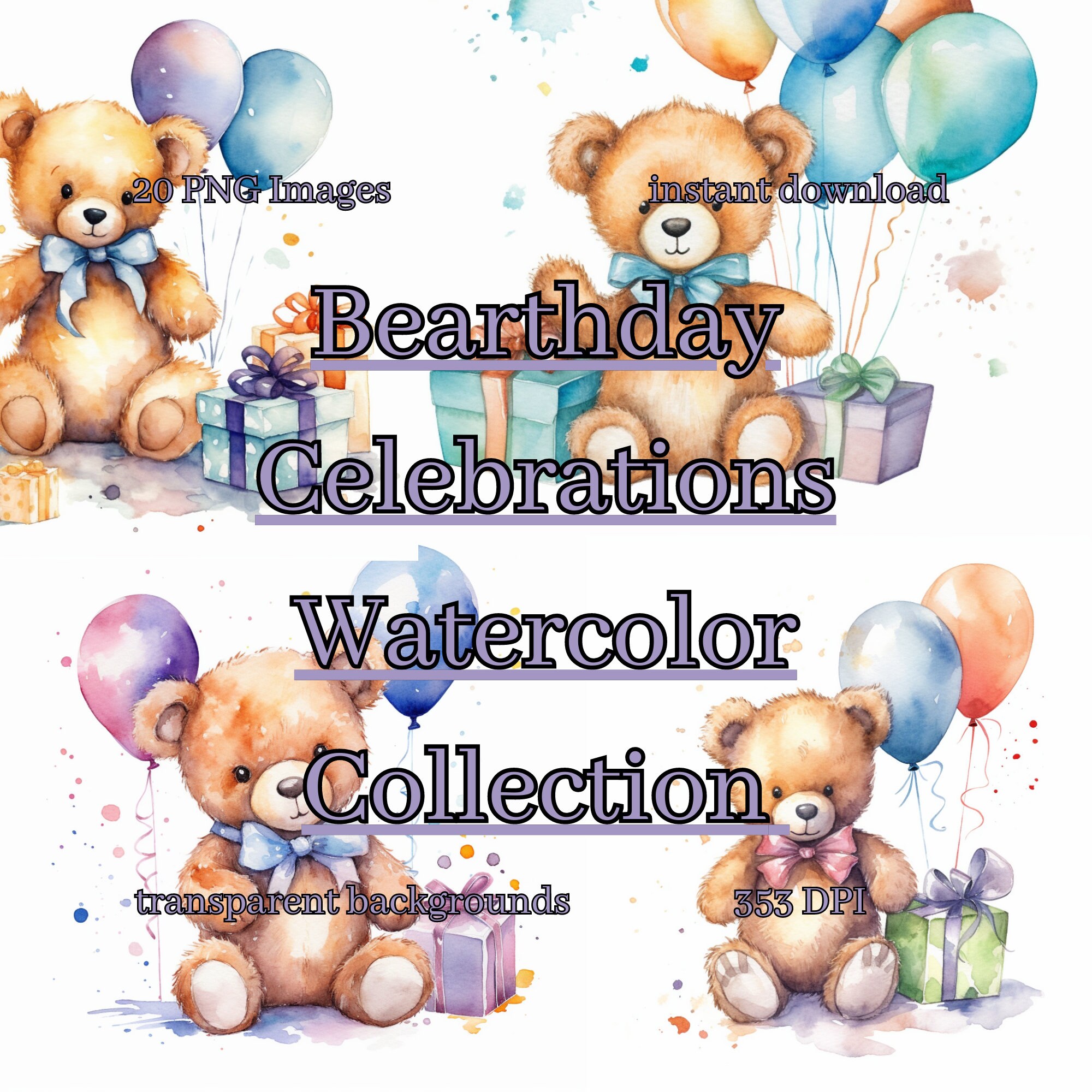 Teddy Bear Birthday Clipart Instant Download PNG Format Watercolor ...