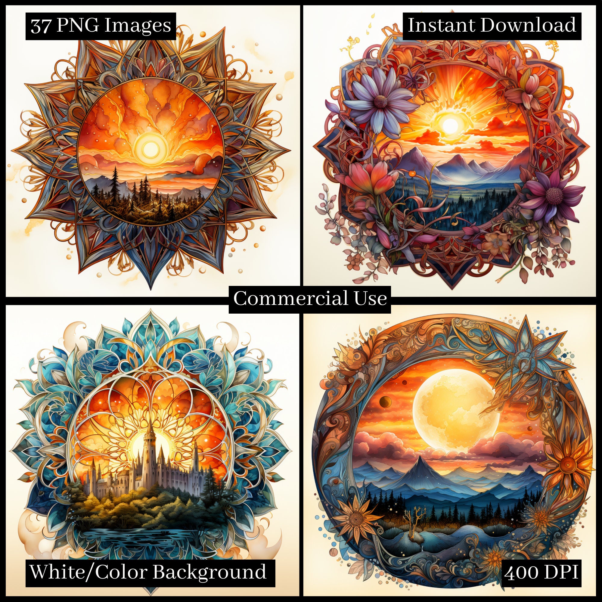Celestial Mandala Sunset Clipart Bundle, PNG Format Ideal for Digital ...
