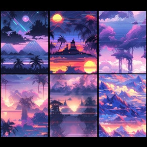 Synth Wave Landscape Pixel Art Seamless Patterns Bundle, High ...