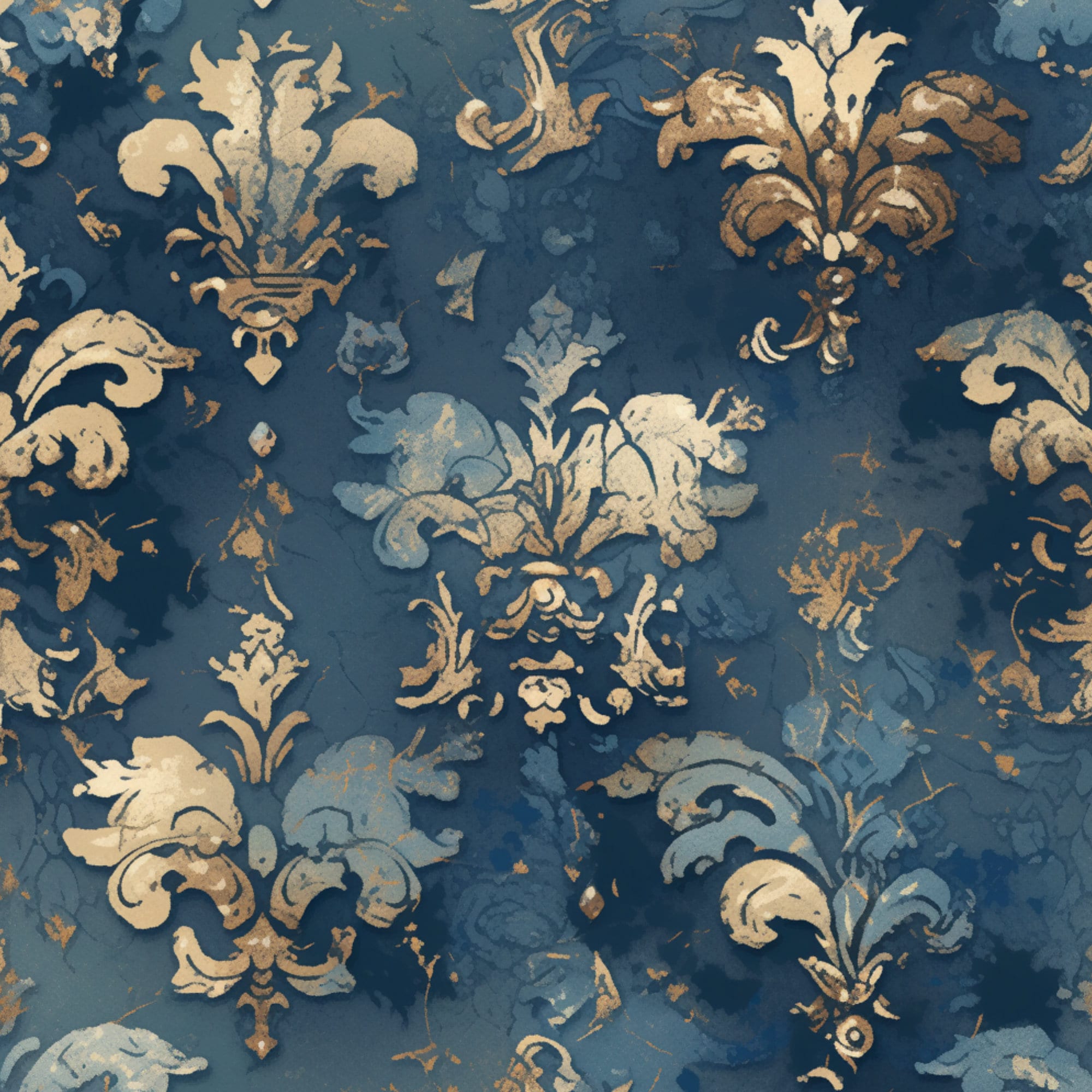 Pixel Art Blue and Gold Floral Damask Seamless Patterns Bundle, High-resolution 400 DPI, 10x10in ...