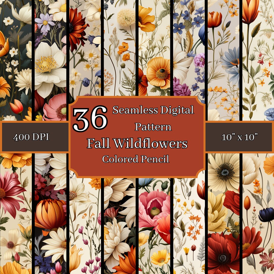 Colored Pencil Fall Wildflowers Seamless Patterns Bundle, High ...