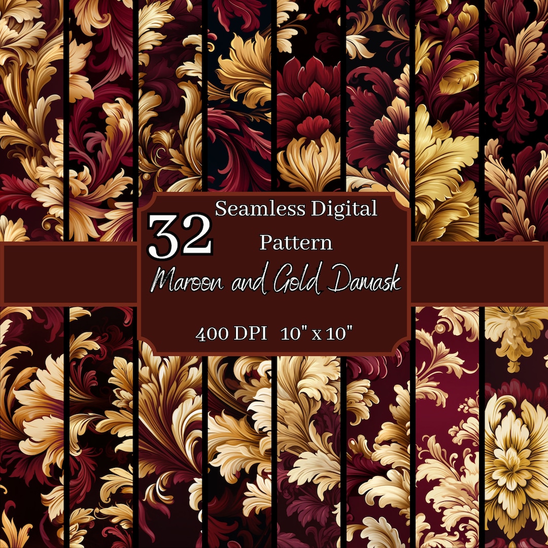 Maroon and Gold Damask Seamless Patterns Bundle, Luxurious 400 DPI ...