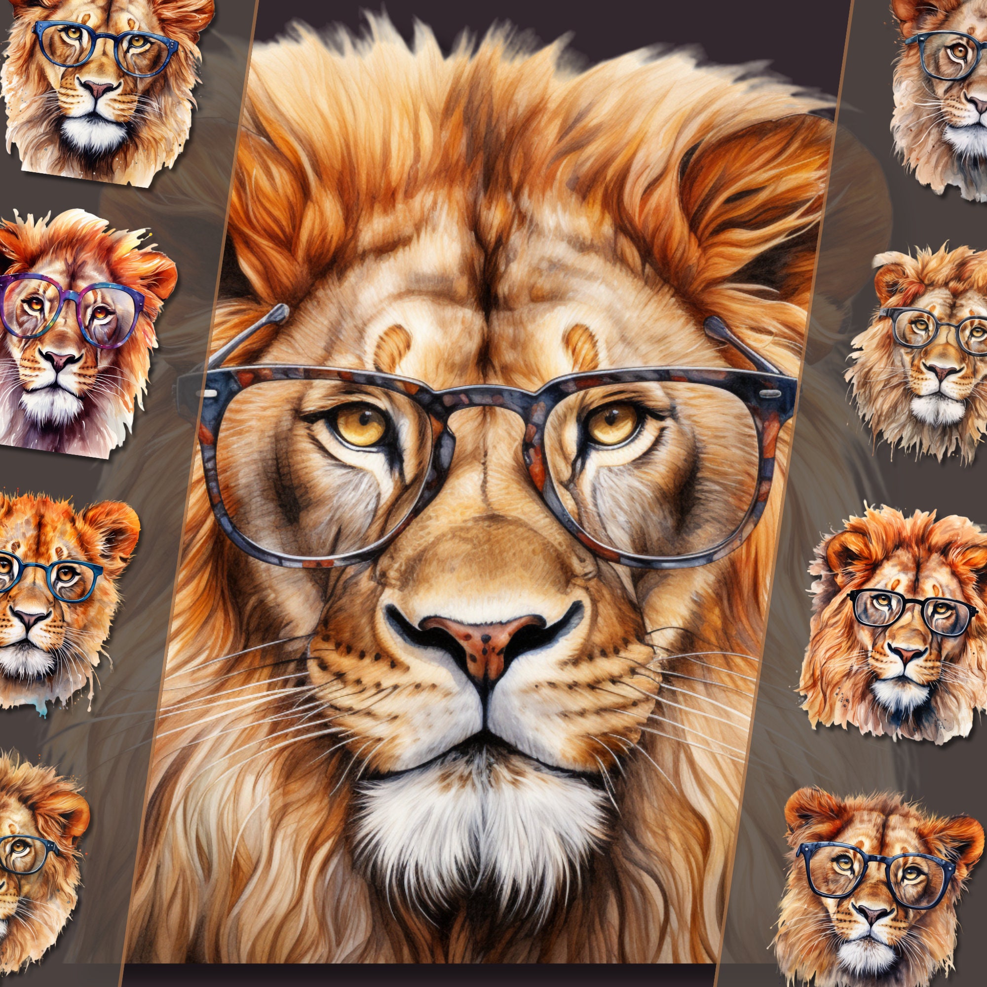 Lion Wearing Glasses Clipart Bundle PNG Format for Junk - Etsy