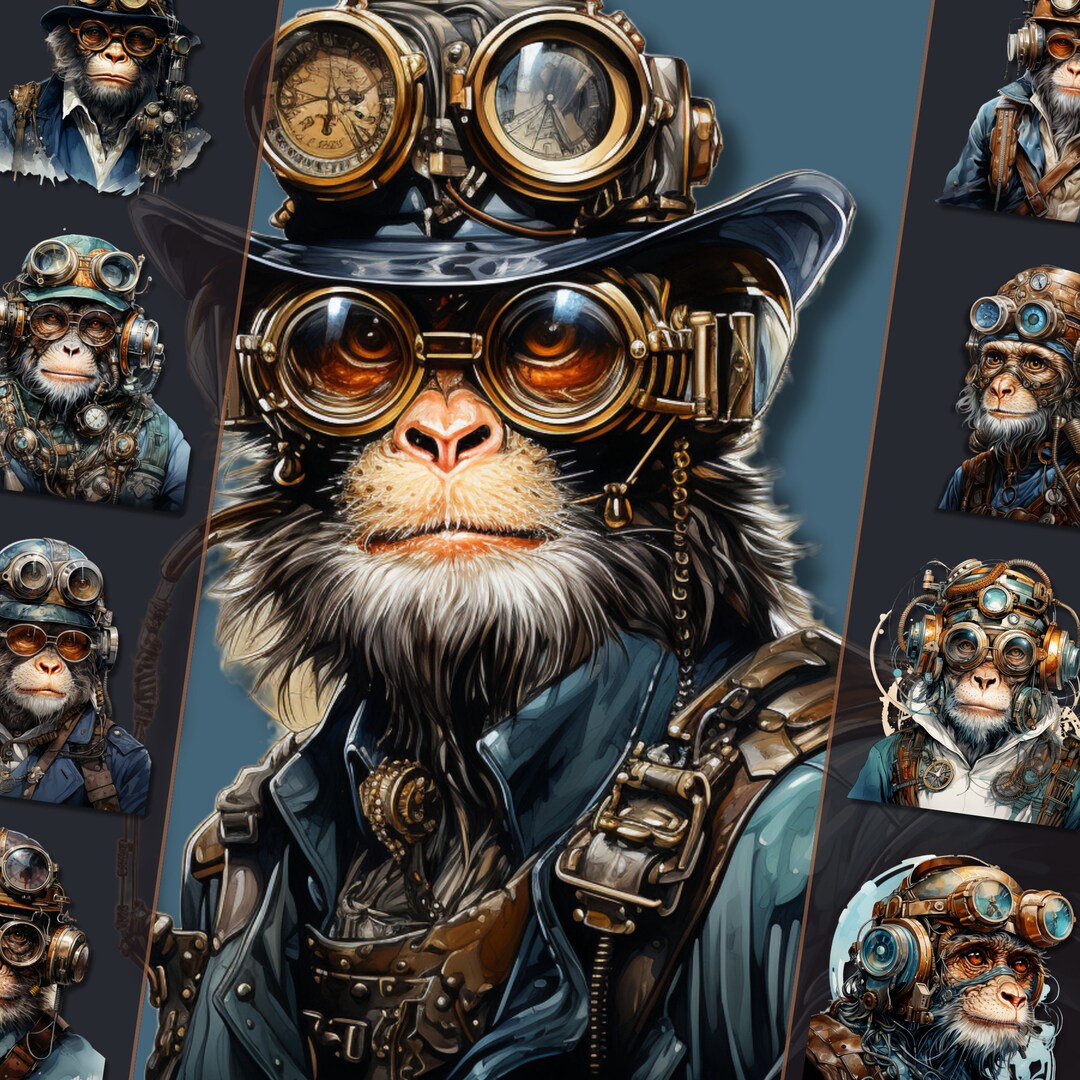 Steampunk Monkey Clipart Bundle, PNG Clipart, Mechanical Primate Art, for Personal & Commercial ...