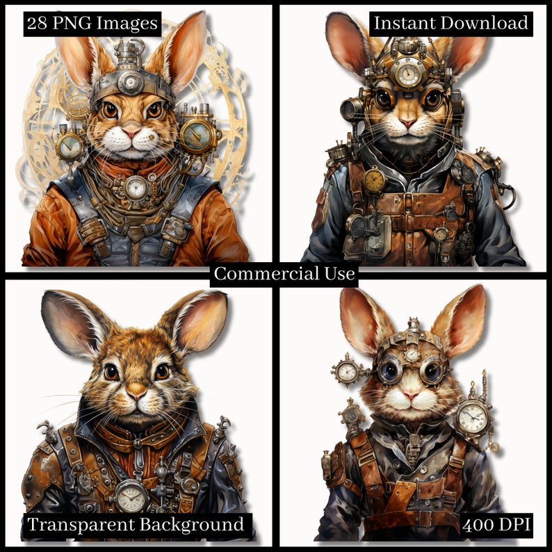 Steampunk Rabbit Clipart Bundle, PNG Clipart, Mechanical Bunny Art, for ...