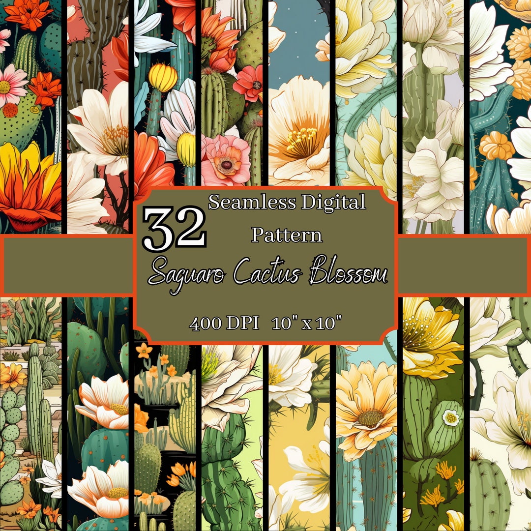 Saguaro Cactus Blossom Seamless Patterns Bundle, High-resolution 400 ...
