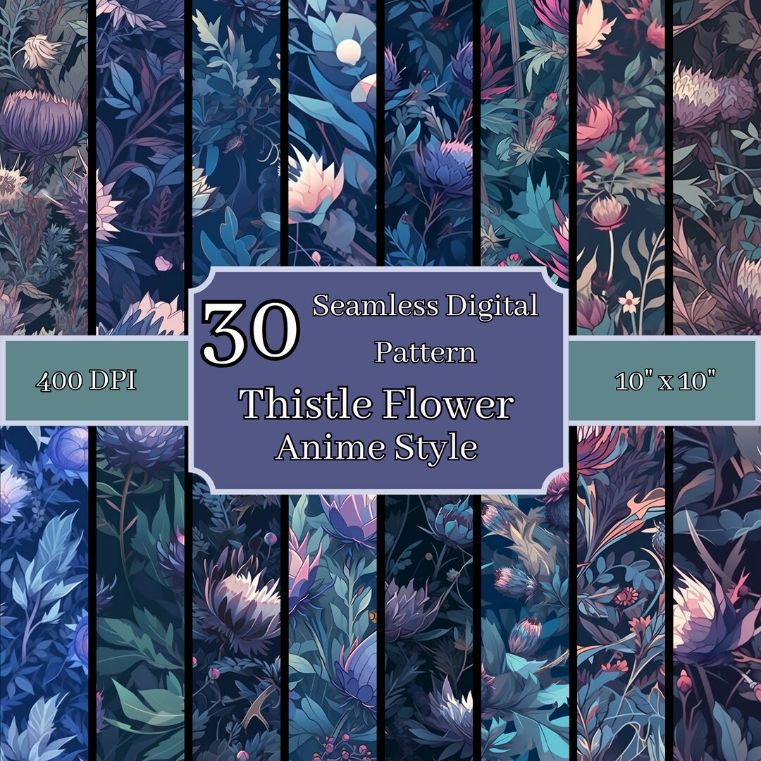 Thistle Flower Anime Style Seamless Patterns Bundle, High-resolution ...