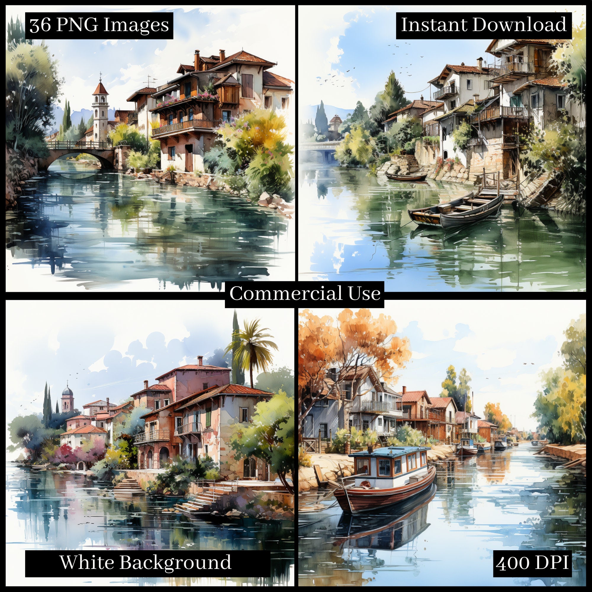 Riverside Town Scenery Clipart Bundle Charming Urban - Etsy