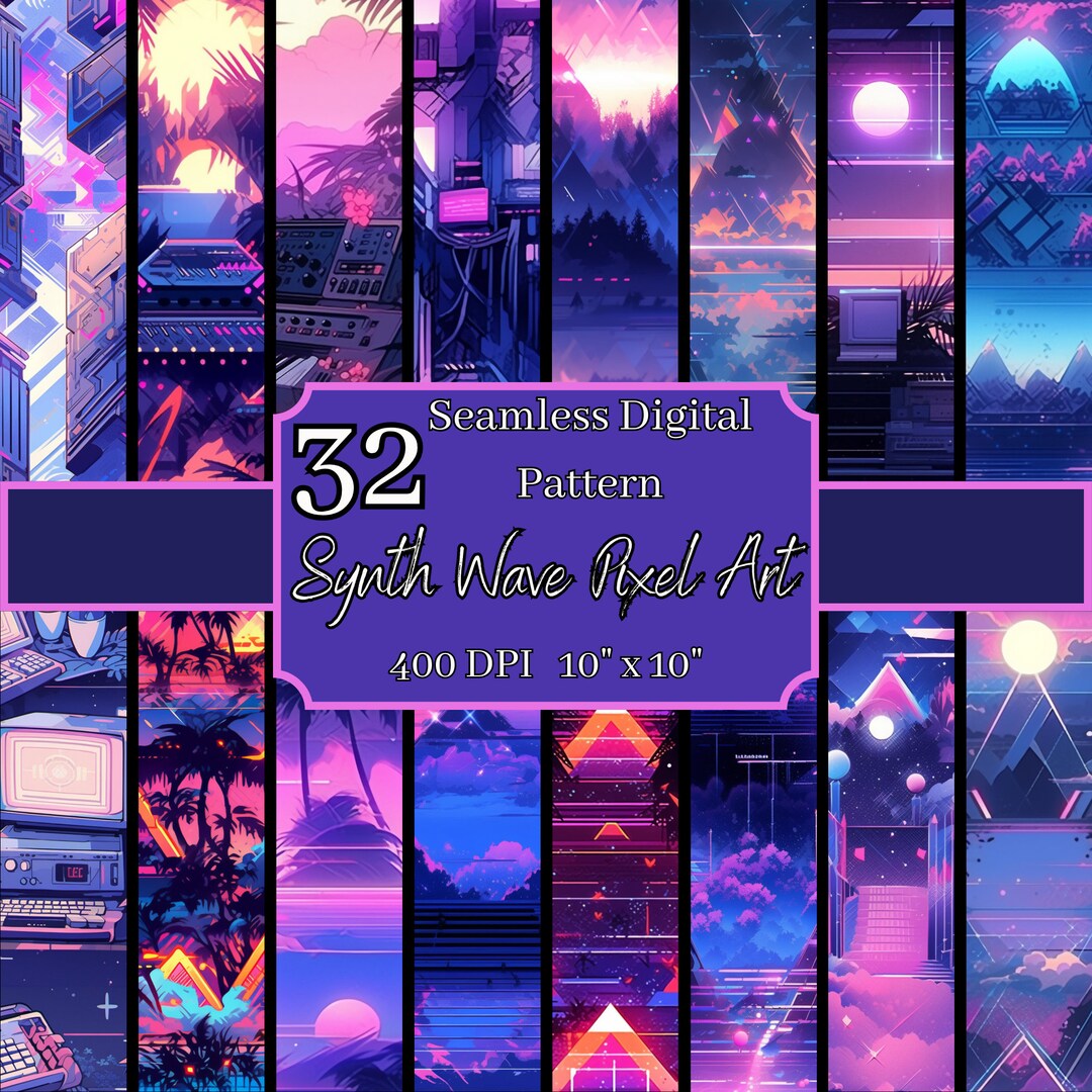 Synth Wave Pixel Art Seamless Patterns Bundle, High-resolution 400 DPI, 10x10 Inch Digital ...