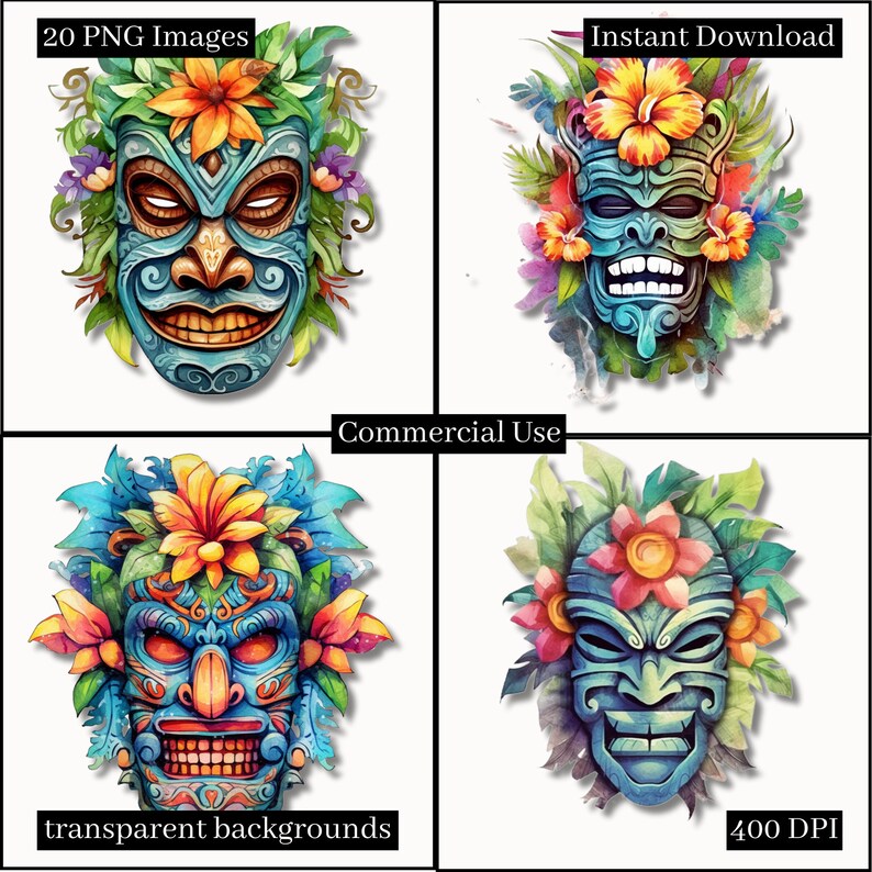Tiki Mask Clipart Set PNG Tiki Mask Clipart Instant Download - Etsy