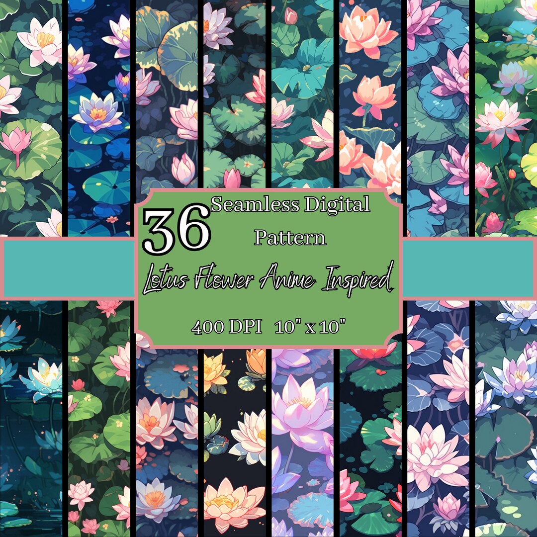 Lotus Flower Anime-inspired Seamless Patterns Bundle, 400 DPI, 10x10 ...
