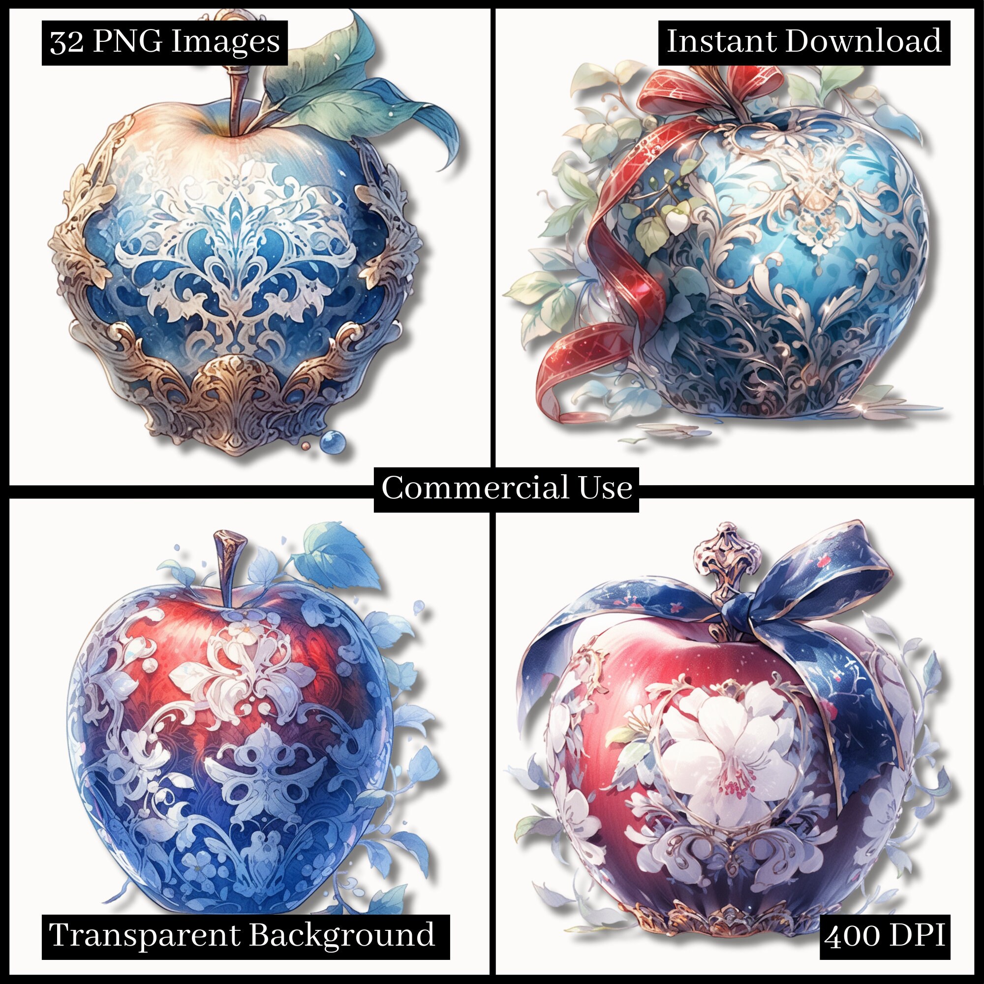 Enchanted Apple Clipart Bundle, PNG Format, Artistic Creations, Junk ...