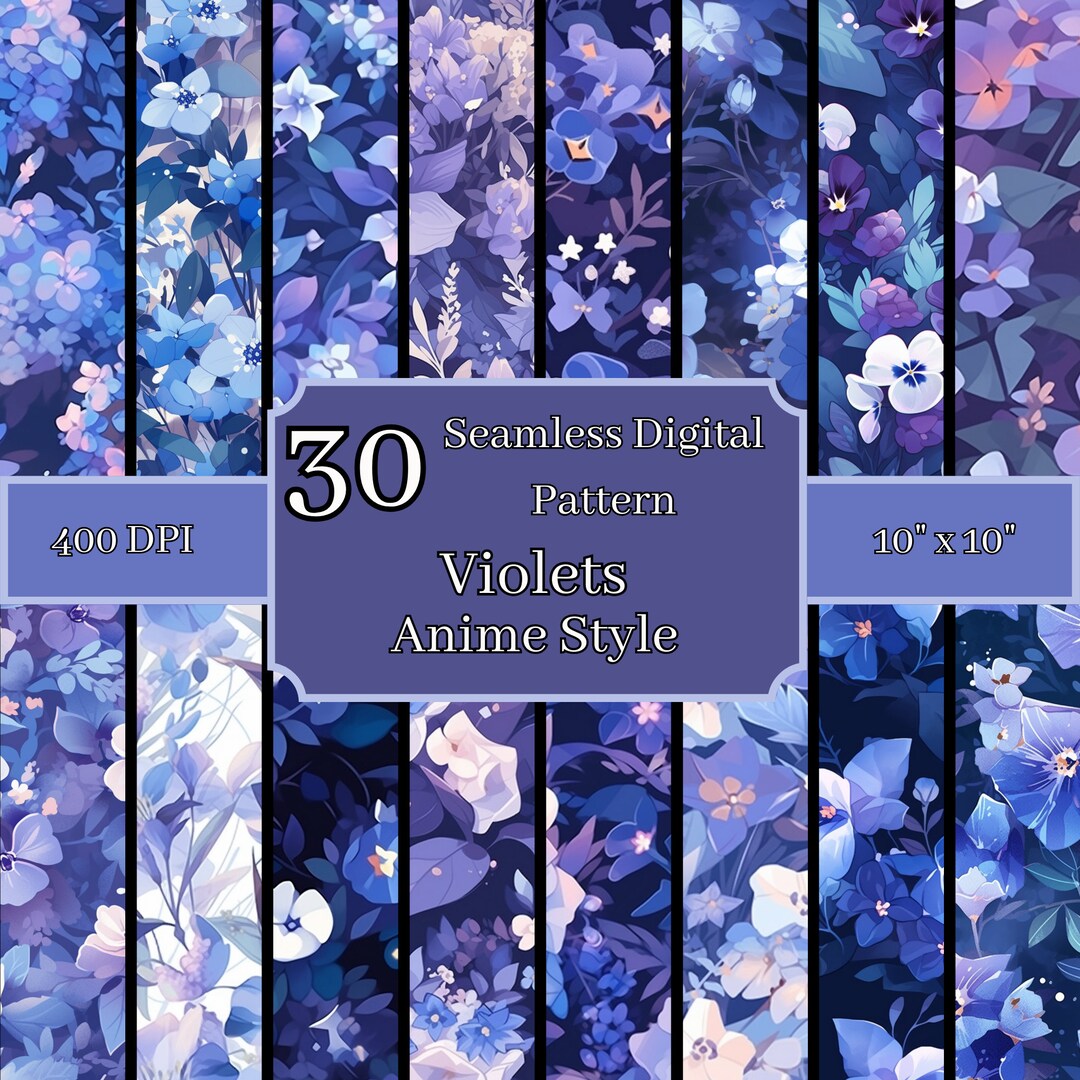 Violets Anime Style Seamless Patterns Bundle, High-resolution 400 DPI ...