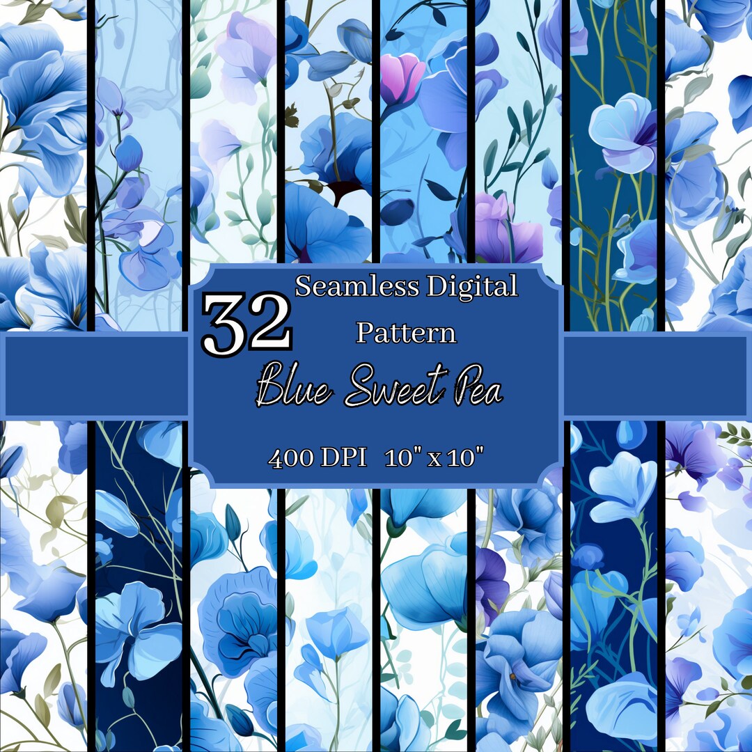 Blue Sweet Pea Seamless Patterns Bundle, Delicate 400 DPI, 10x10 Inch ...