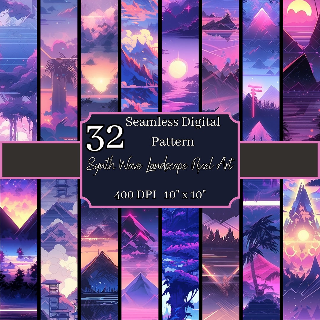 Synth Wave Landscape Pixel Art Seamless Patterns Bundle, High ...