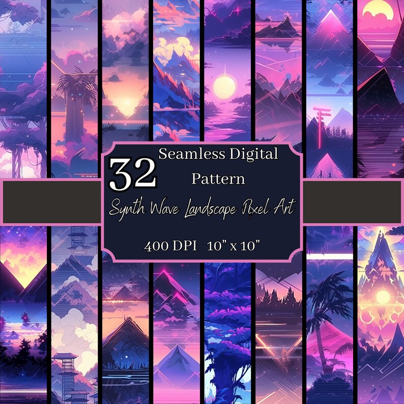 Synth Wave Landscape Pixel Art Seamless Patterns Bundle, High-resolution 400 DPI, 10x10in ...