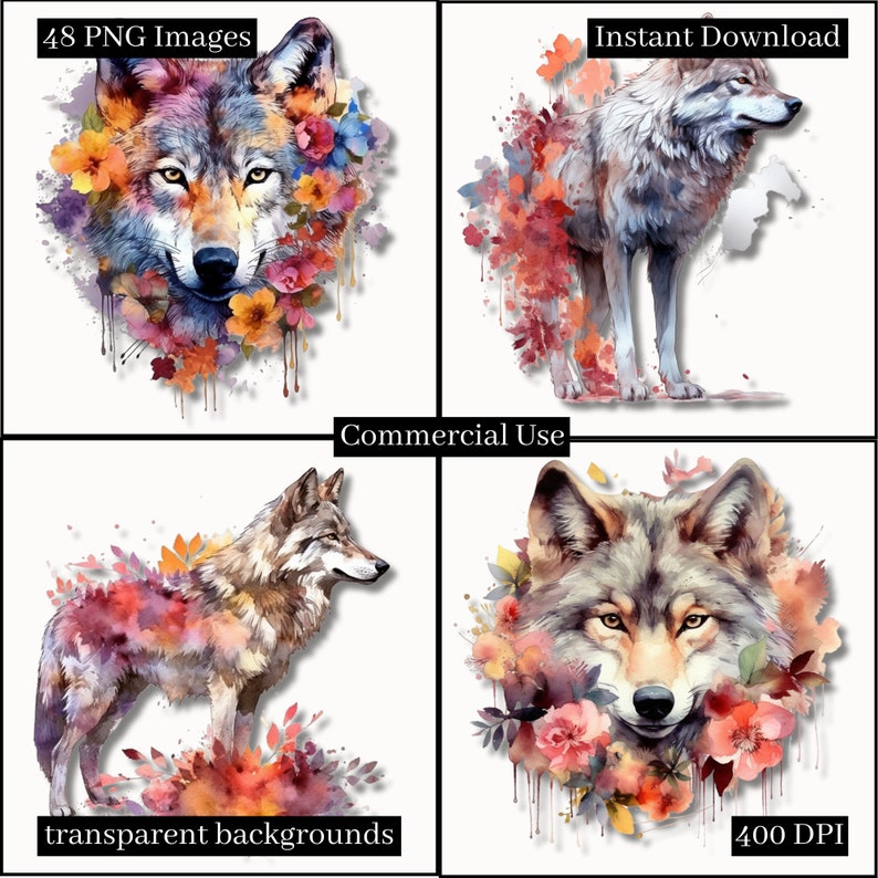 Floral Wolf Clipart Set PNG Images High-resolution Wolf With - Etsy