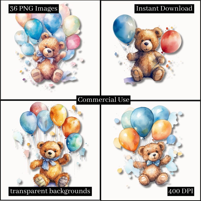 Teddy Bear Balloon Clipart PNG Transparent Background - Etsy