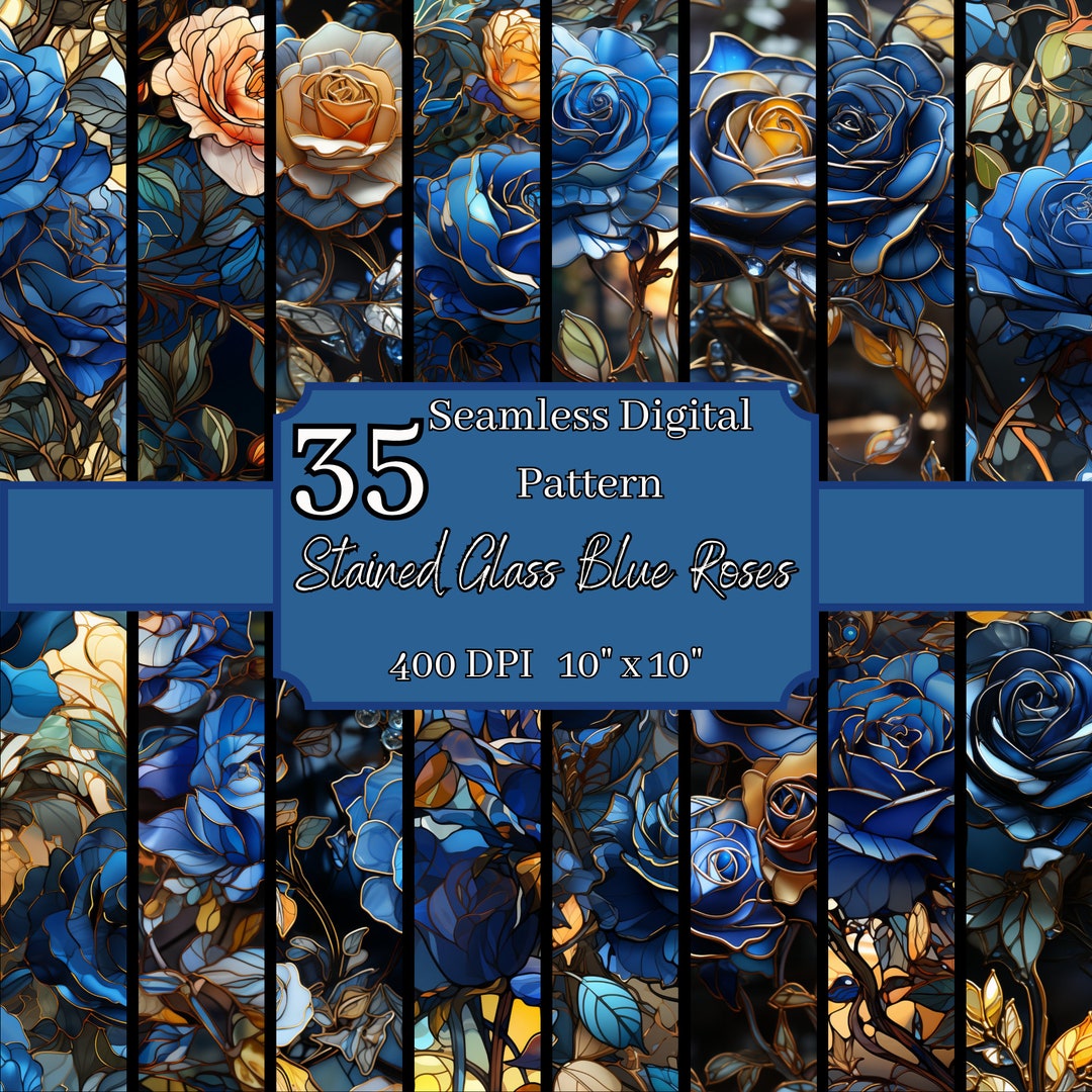 Stained Glass Blue Roses Seamless Patterns Bundle, High-resolution 400 ...