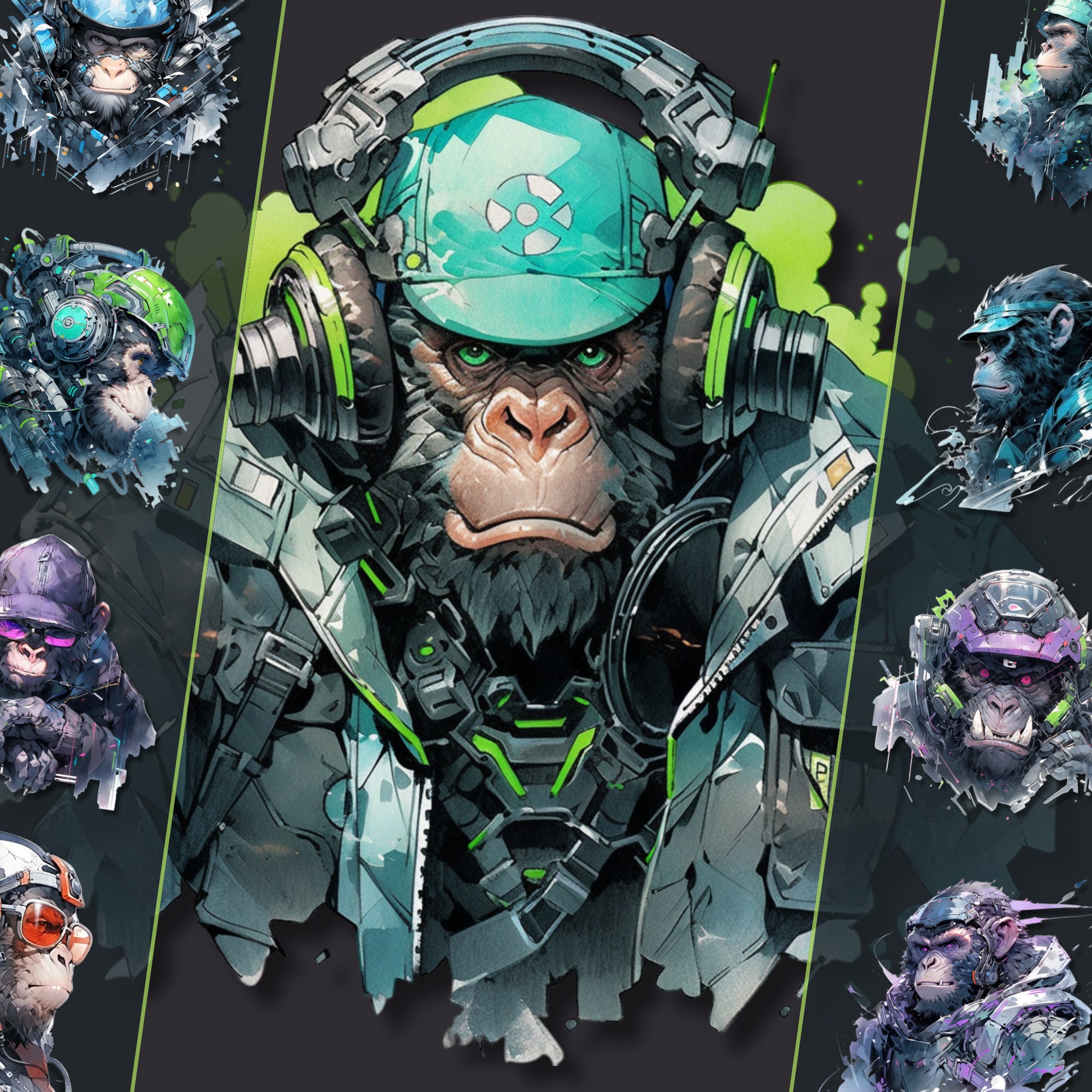 Cyberpunk Chimpanzee Clipart Bundle, PNG, for Digital Art, Junk Journal ...