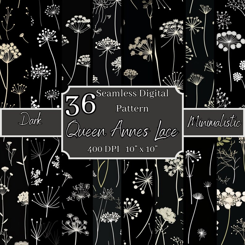 Queen Anne's Lace Flower Dark Minimalistic Seamless Patterns Bundle ...