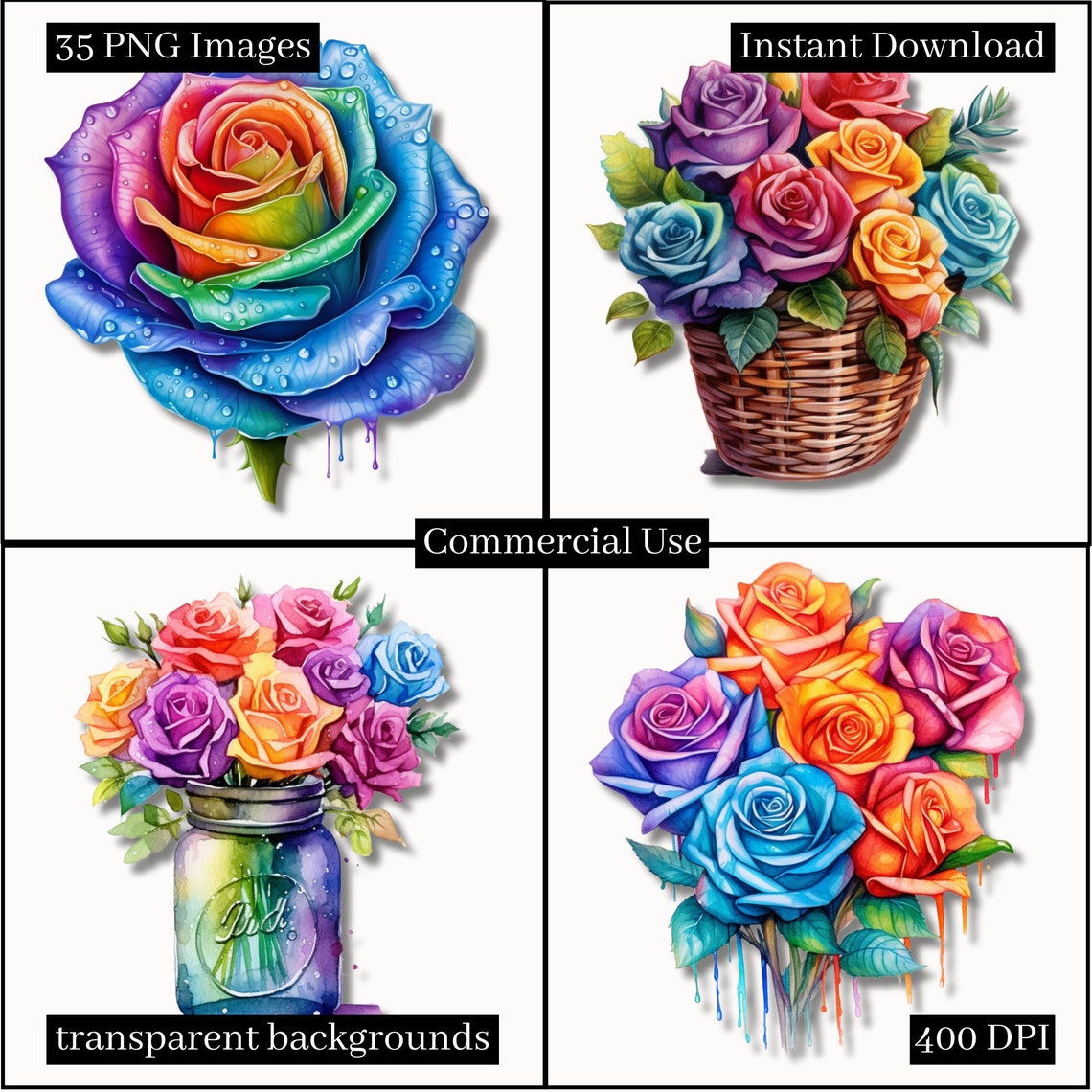 Rainbow Rose Clipart Bundle High-resolution PNG Files - Etsy