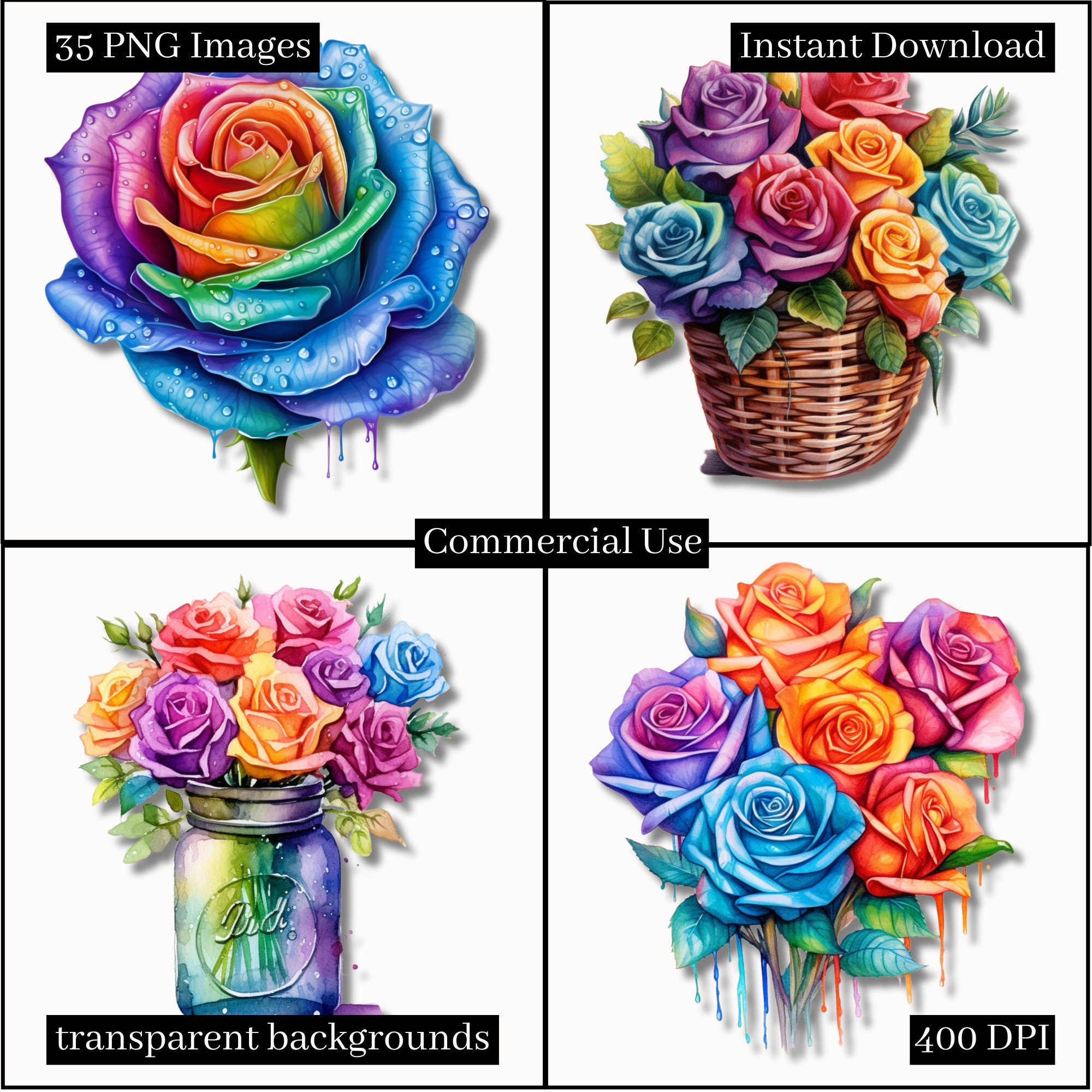 Rainbow Rose Clipart Bundle High-resolution PNG Files, Instant Download ...