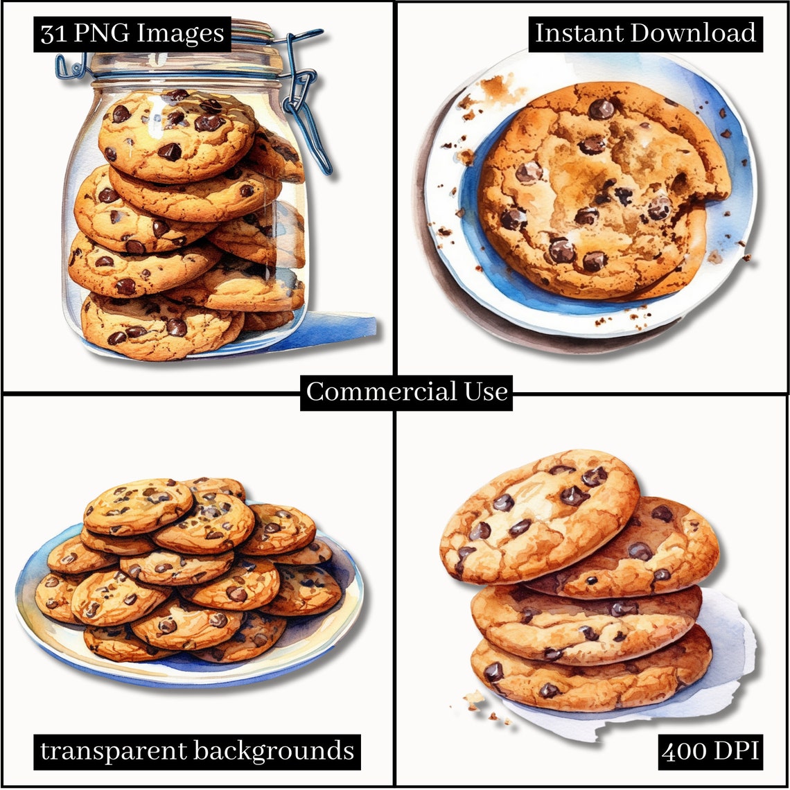 Chocolate Chip Cookies Clipart Bundle PNG Files for - Etsy