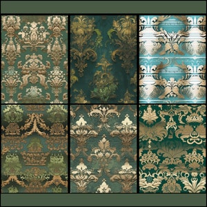 Pixel Art Green and Gold Floral Damask Seamless Patterns Bundle, High-resolution 400 DPI ...