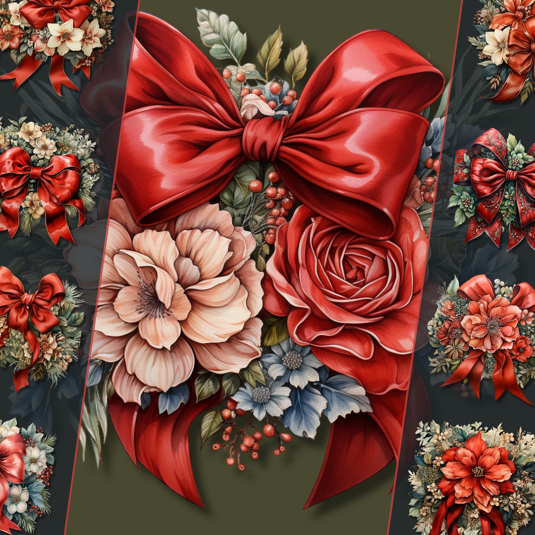 Christmas Floral Bow Clipart Bundle, Ribbon Designs in PNG Format ...