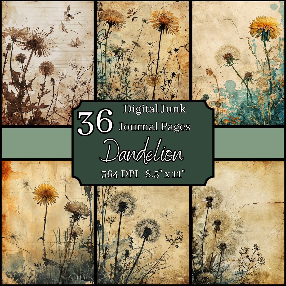 Dandelion Themed Old Vintage Junk Journal Pages Bundle, 8.5x11, 364 DPI ...