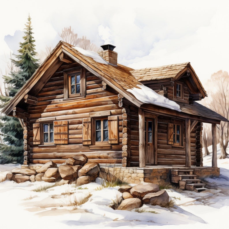 Snowy Log Cabin Clipart Bundle, PNG Files, White Background, Personal ...